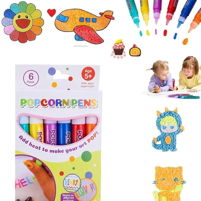 "🍿 Magic Puffy Popcorn Pens for Kids 🎨 - Pack of 6 Fun & Colorful Pens ...